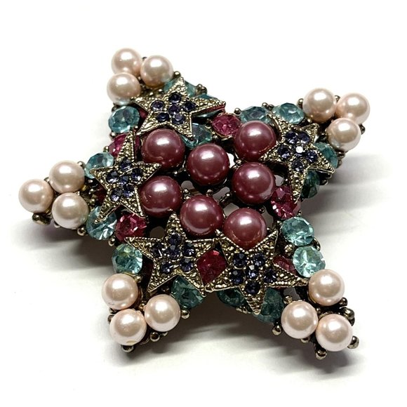 Vintage | Jewelry | Vintage Pink Pearl Rhinestone Star Brooch Pin ...